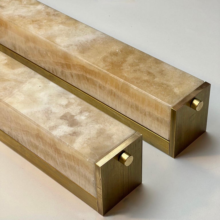 Contemporary Pair of Italian Alabaster and Brass Long Squared Sconces ...