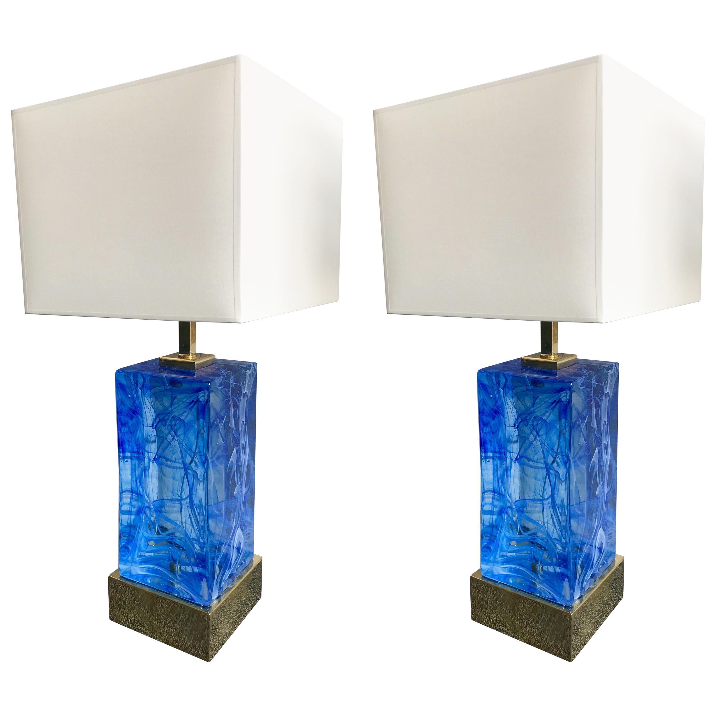 Contemporary Pair of Lamps Blue Murano Glass and Brass, Italy at 1stDibs