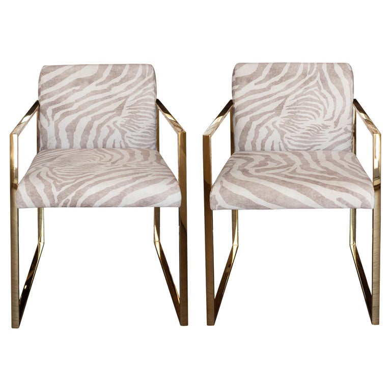 Contemporary Pair of Polished Brass and Zebra-Print Fabric Upholstered ...
