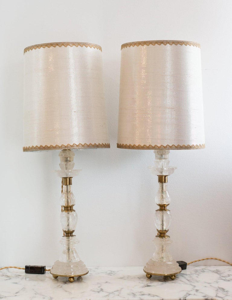 Contemporary Pair of White Rock Crystal and Bronze Lamps with Custom ...