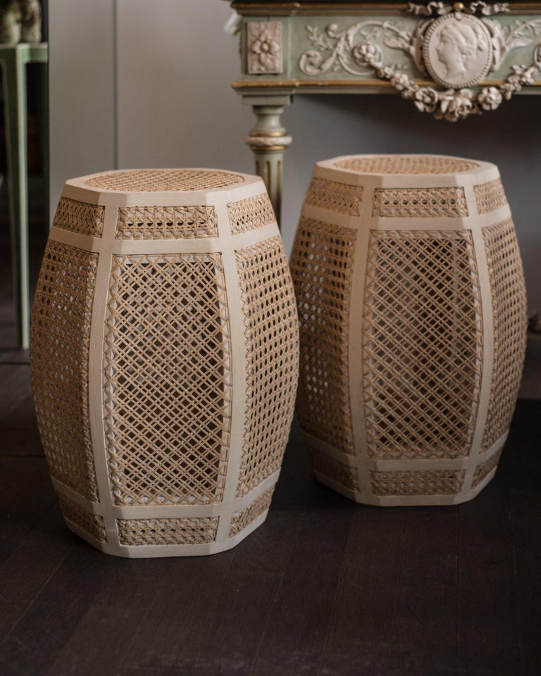 Contemporary Pair of French Woven Rattan Ottomans or Tables at 1stDibs