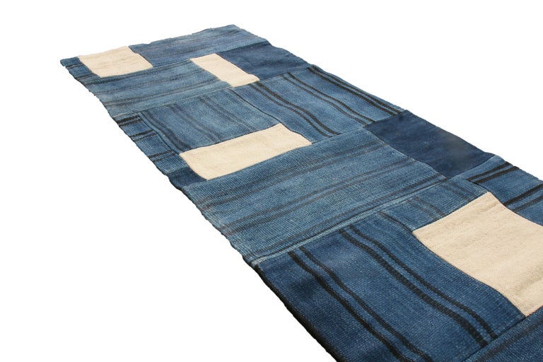 Contemporary Patchwork Blue and White Wool Runner For Sale at 1stDibs