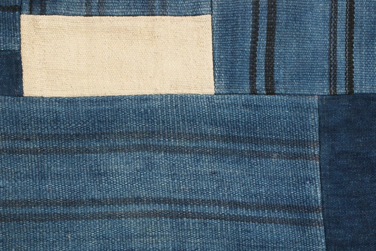 Contemporary Patchwork Blue and White Wool Runner For Sale at 1stDibs