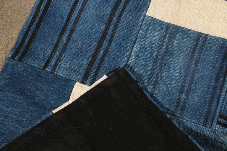 Contemporary Patchwork Blue and White Wool Runner For Sale at 1stDibs