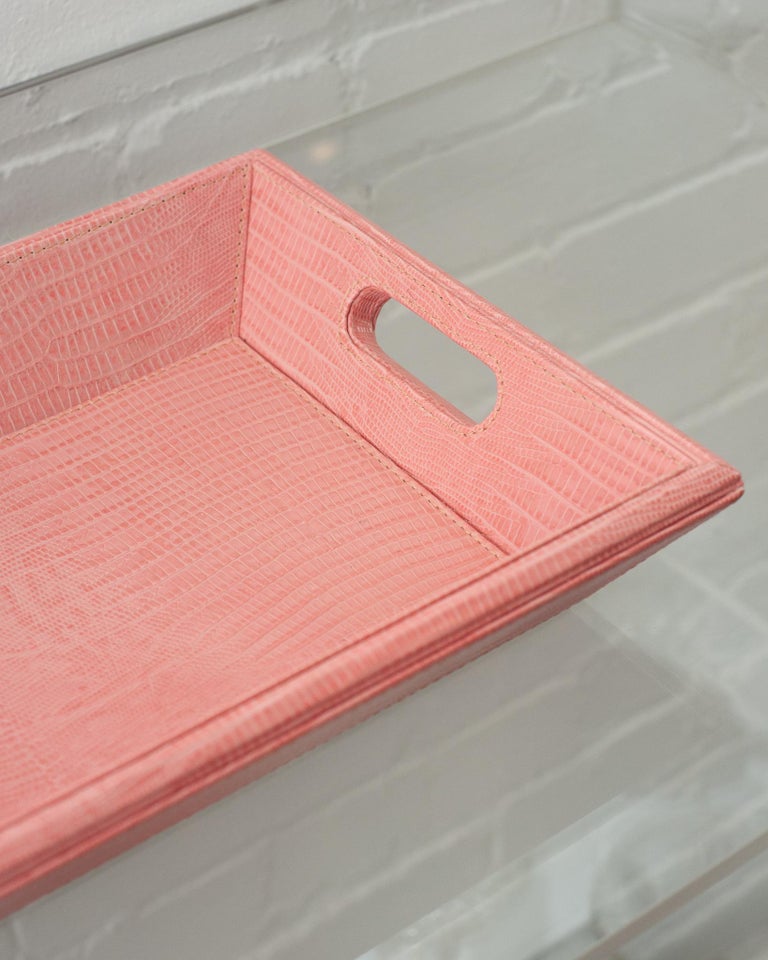 Contemporary Pink Lizard Embossed Leather Rectangular Tray For Sale at ...