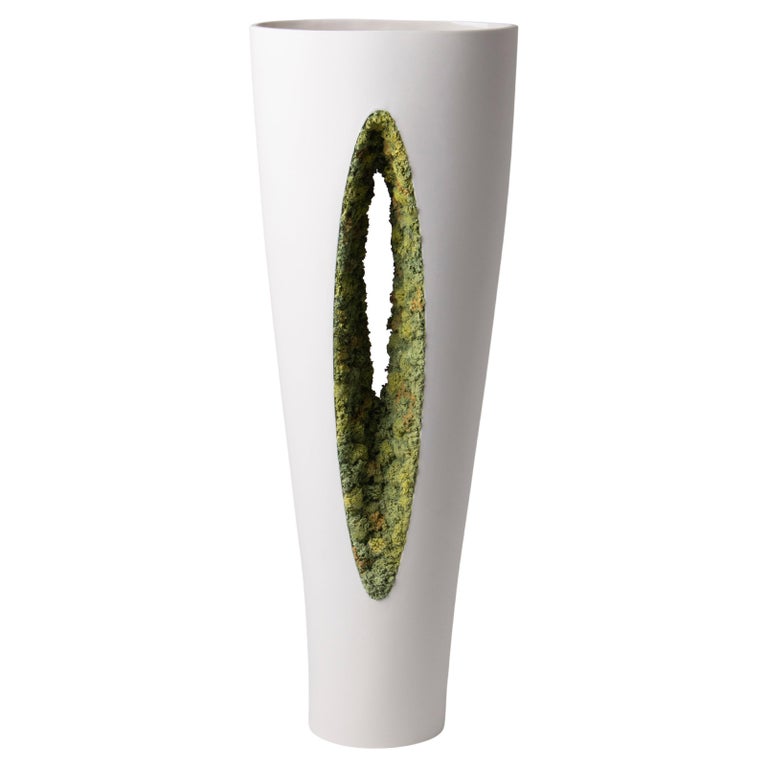 Contemporary Porcelain Tall Vase White Green Moss Ceramic Hand-Painted ...