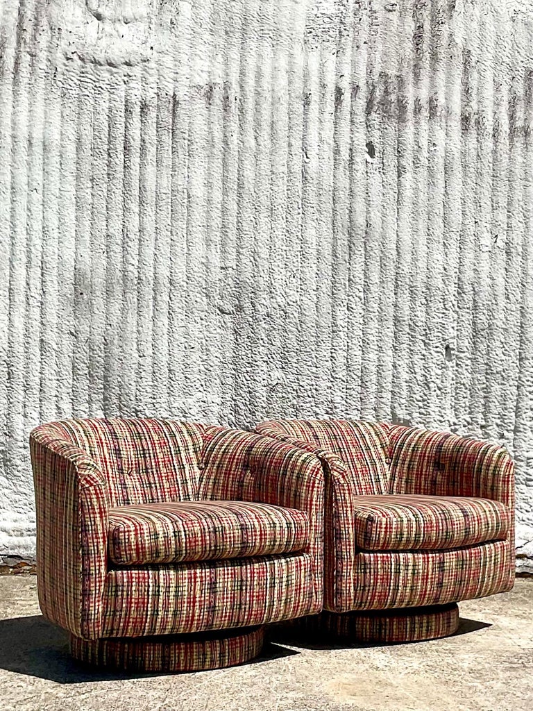 Contemporary Printed Tweed Swivel Chairs, a Pair at 1stDibs