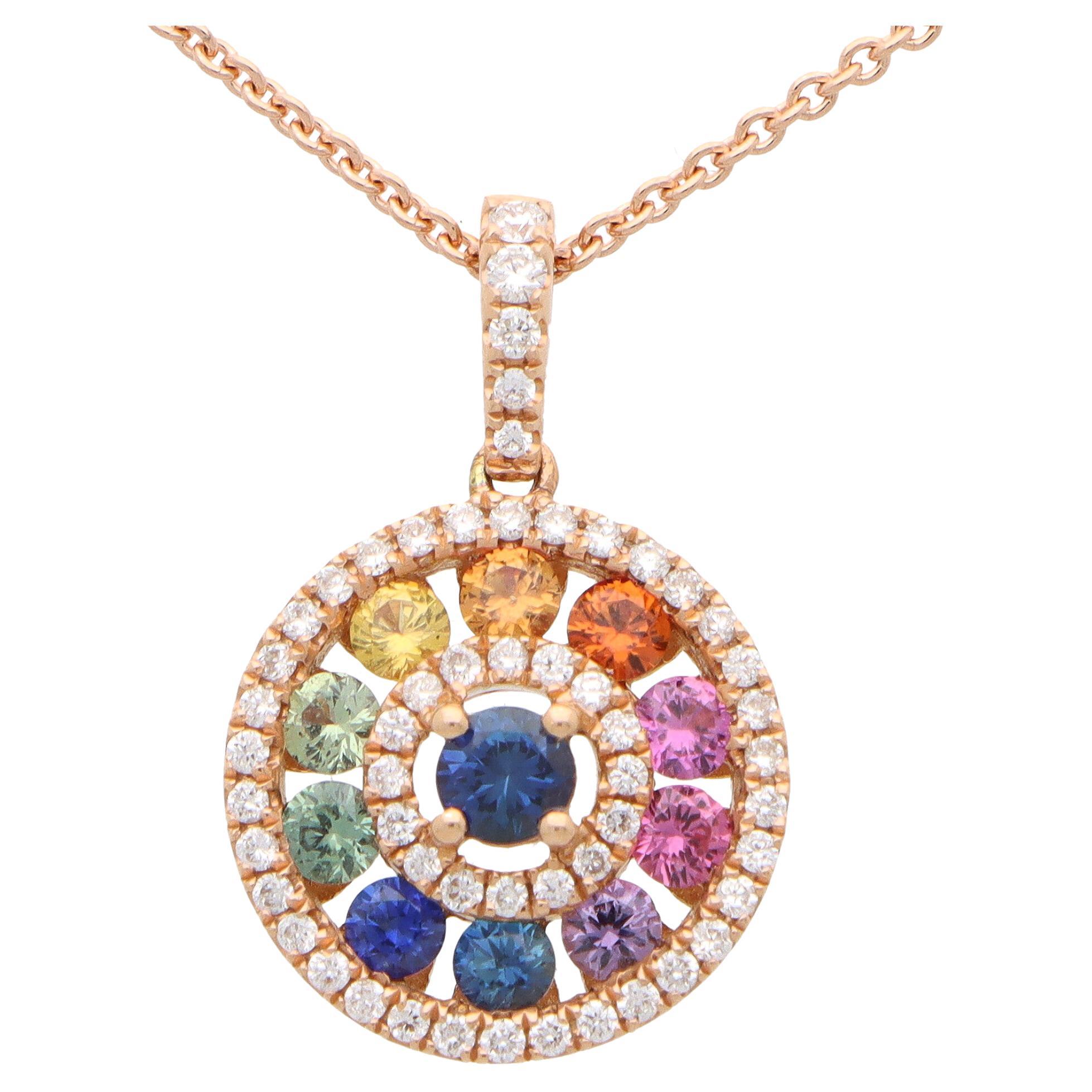 18 Karat Rose Gold Rainbow Sapphire Diamond Necklace at 1stDibs ...