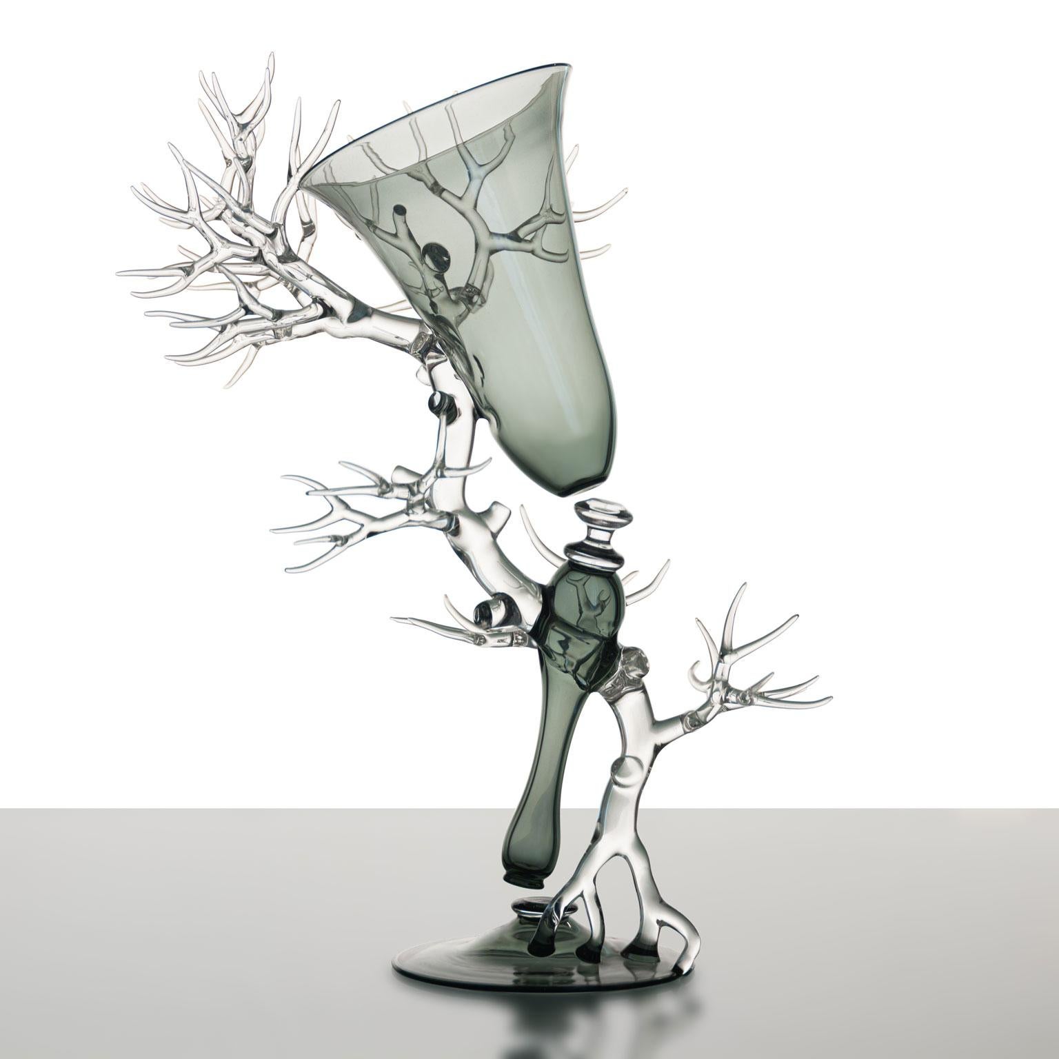 Contemporary Reclaimed Hand Blown Black Glass Sculptured Goblets Set ...