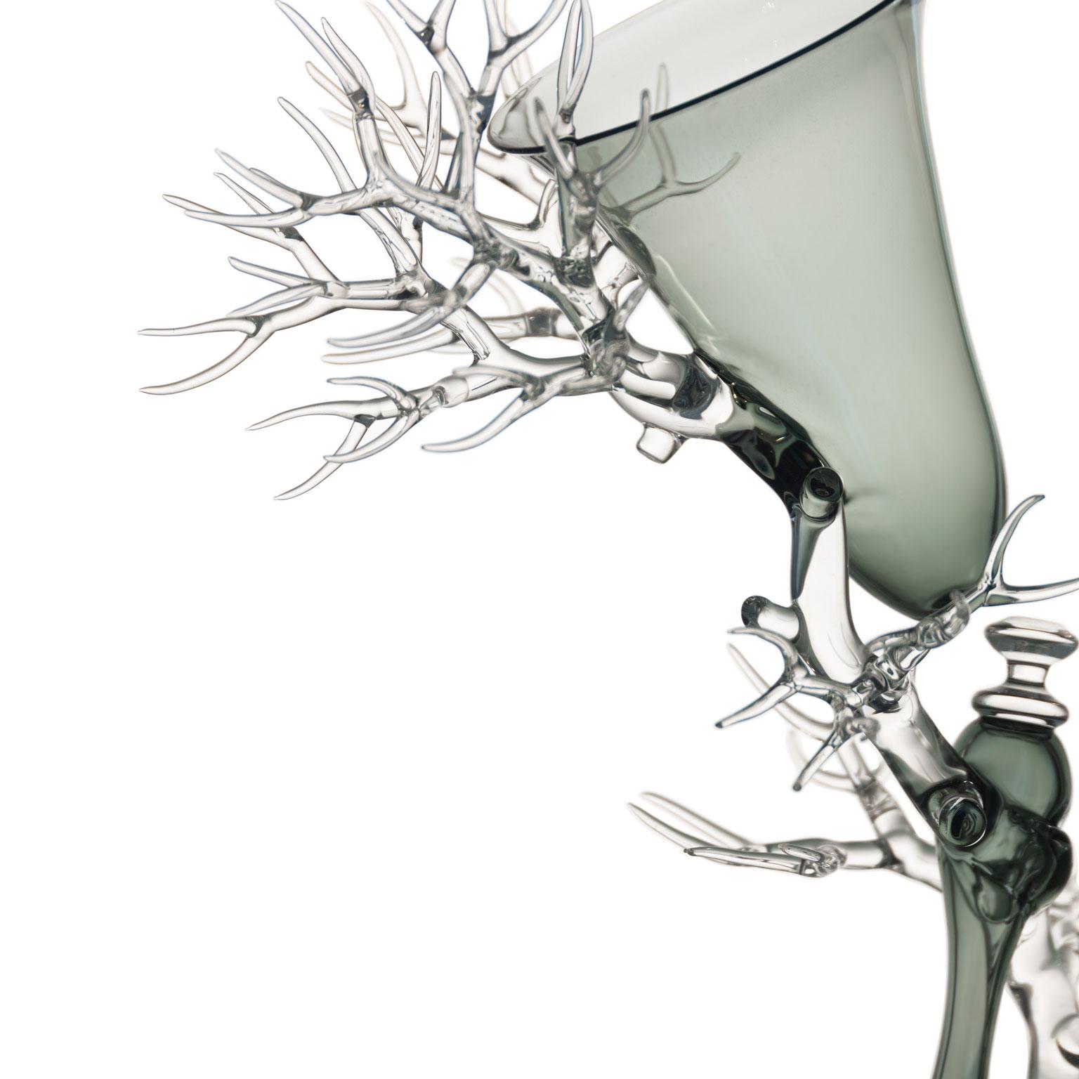 Contemporary Reclaimed Hand Blown Black Glass Sculptured Goblets Set ...