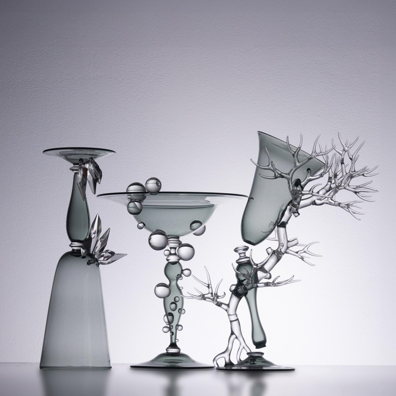 Contemporary Reclaimed Hand Blown Black Glass Sculptured Goblets Set ...