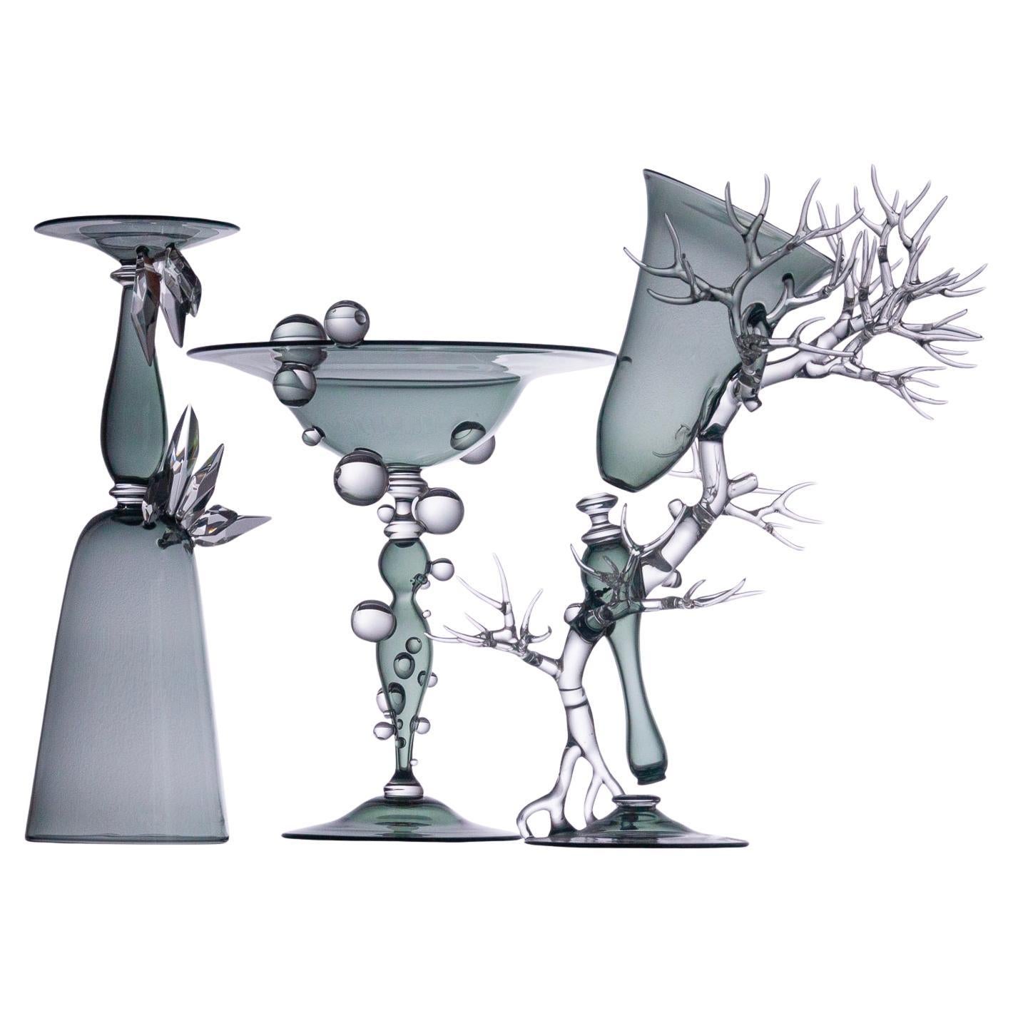 Contemporary Reclaimed Hand Blown Black Glass Sculptured Goblets Set ...