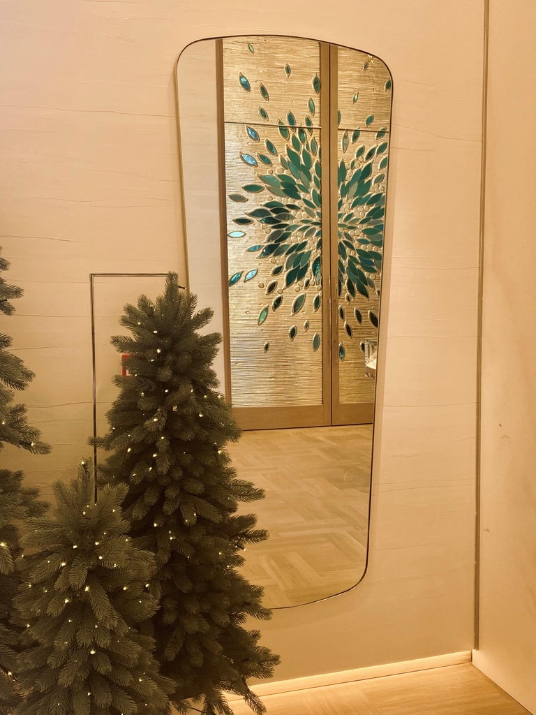 Contemporary Rectangular Mirror Round Edges and Embossed Brass Frame ...