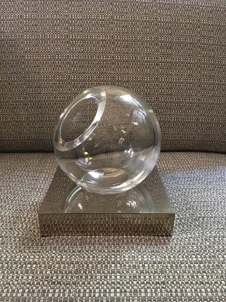 Italy Round Blown Clear Glass and Brass Vase in Chrome Finish For Sale ...