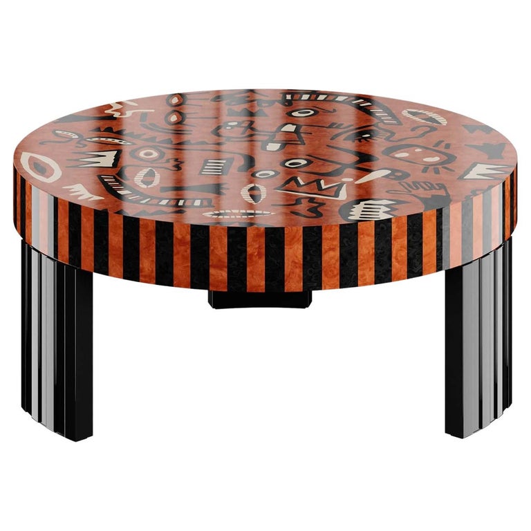 Contemporary Round Centre Coffee Table in Wood Marquetry Basquiat Print ...
