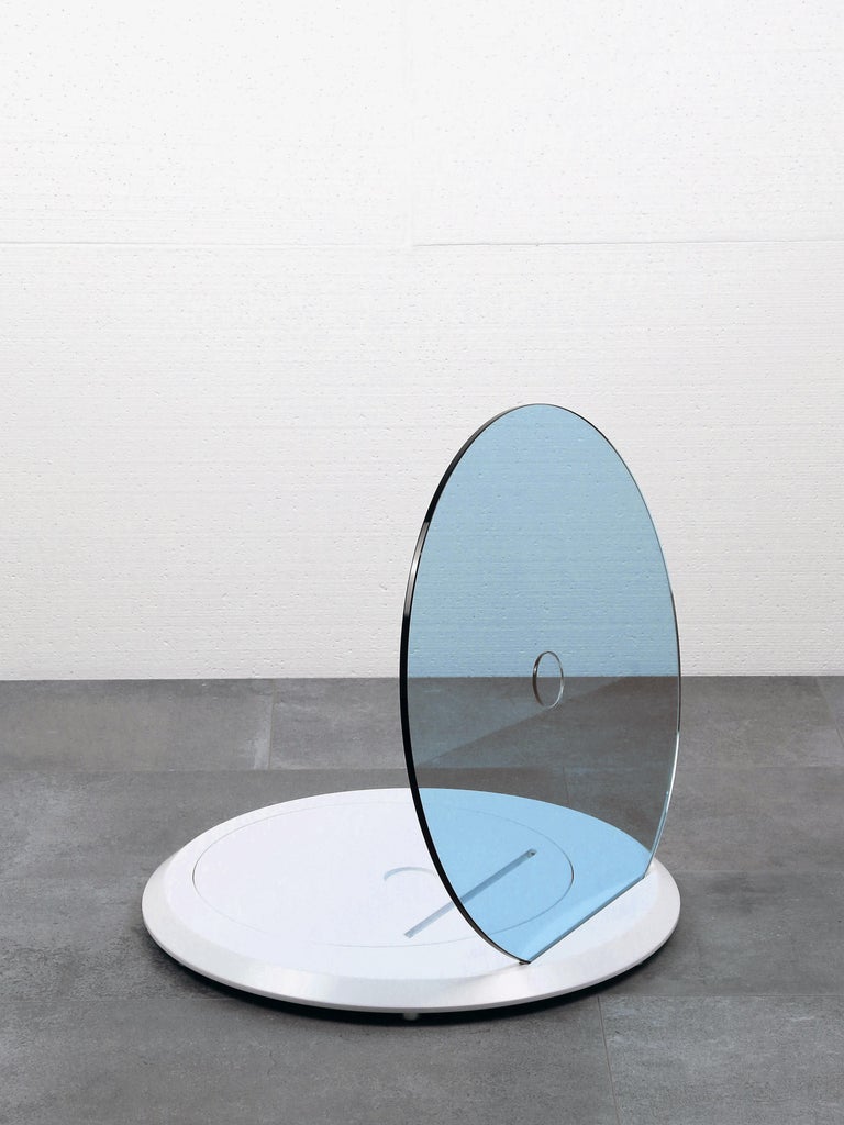 Contemporary Round Folding Side Table with Blue Glass and White Finish ...
