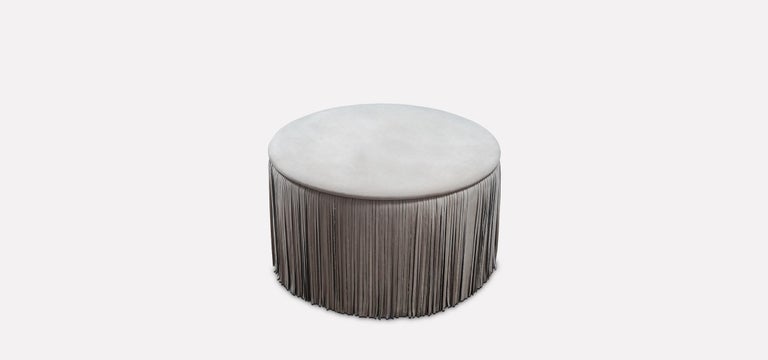 Contemporary Round Leather Ottoman with Fringe Detail For Sale at 1stDibs