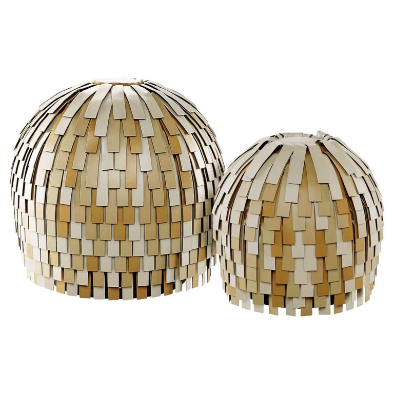 Contemporary Round-Shaped Pouf Set With Leather Fringes and Black ...