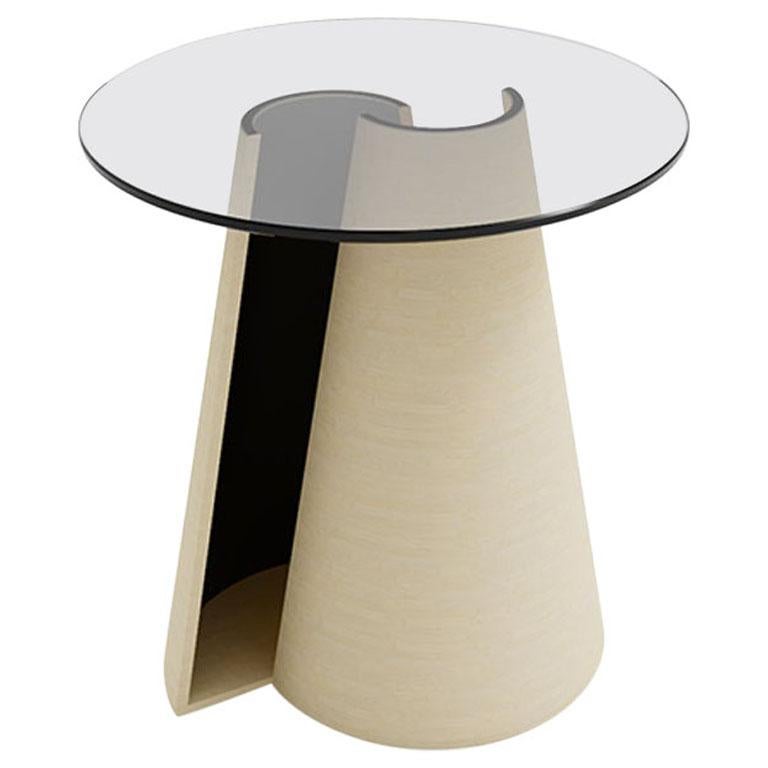 Contemporary Round Side Table in Solid Wood and Glass Top Matte Natural ...
