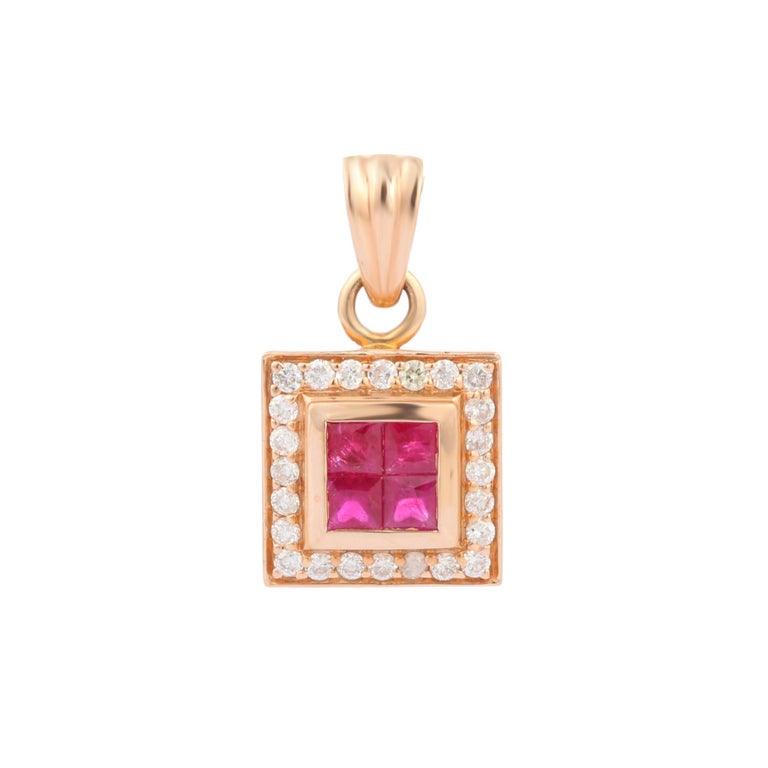 Contemporary Ruby and Diamond Square Pendant in 14K Solid Rose Gold For ...