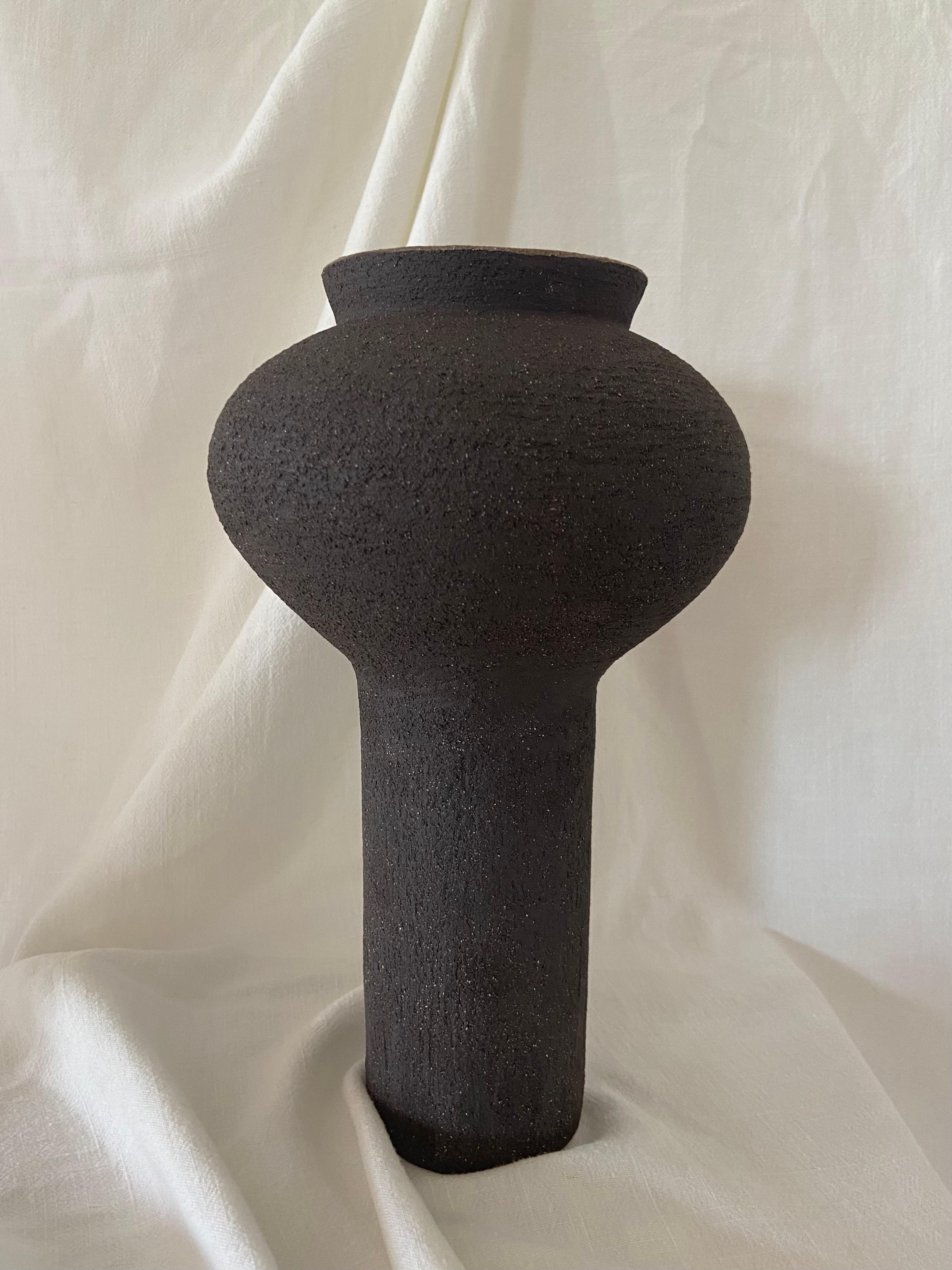 Contemporary Ruby Bell Ceramics Black Round Vessel with Pedestal Base ...