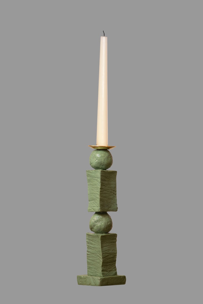 Contemporary Sculpted Green Block and Pearl Candlestick Set by Margit ...