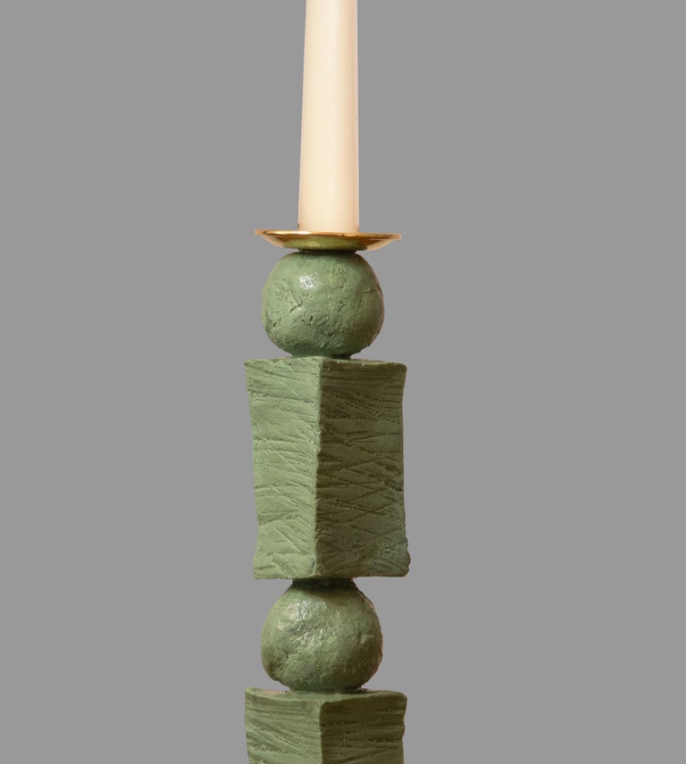Contemporary Sculpted Green Block and Pearl Candlestick Set by Margit ...