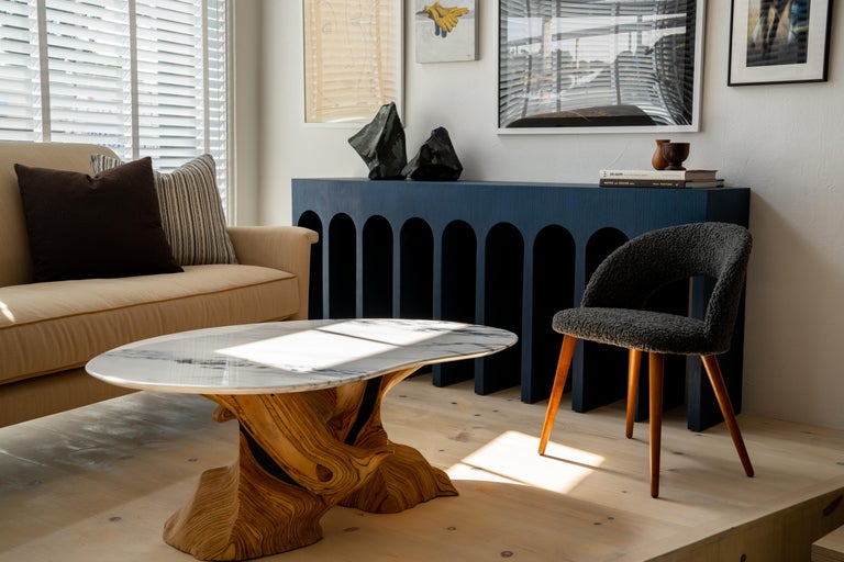 Contemporary Sculpted Wooden Coffee Table with Asymmetrical Marble Top ...