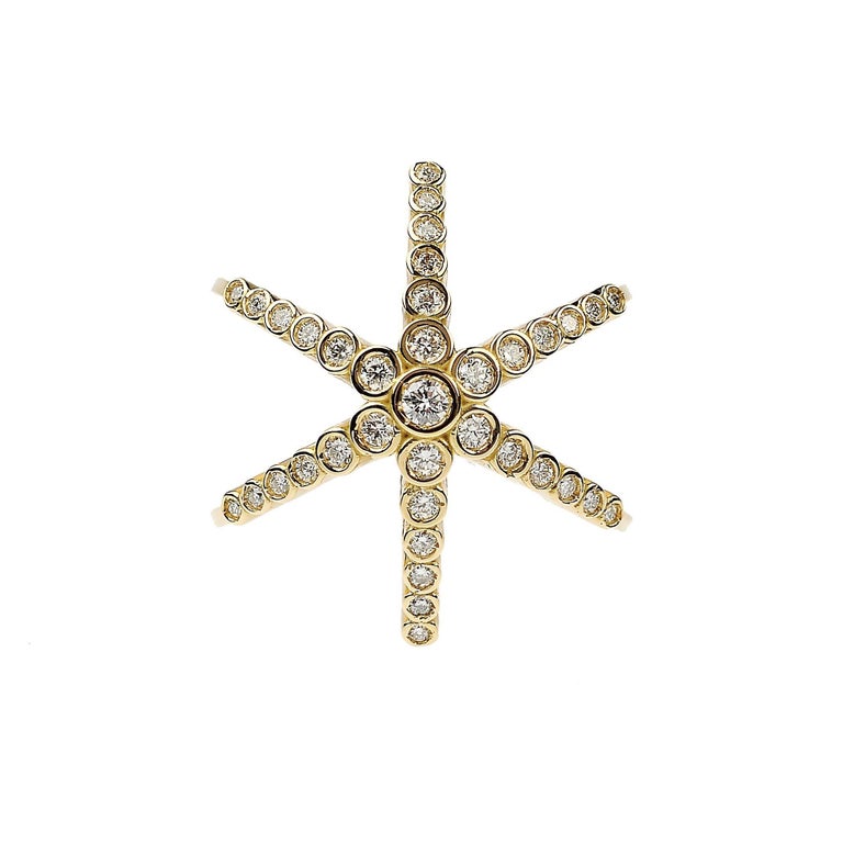 Contemporary, Sculptural 18K Yellow Gold and White Diamond Six Pointed ...