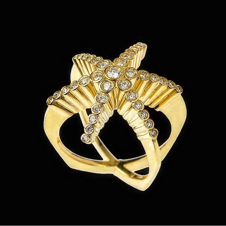 Contemporary, Sculptural 18K Yellow Gold and White Diamond Six Pointed ...