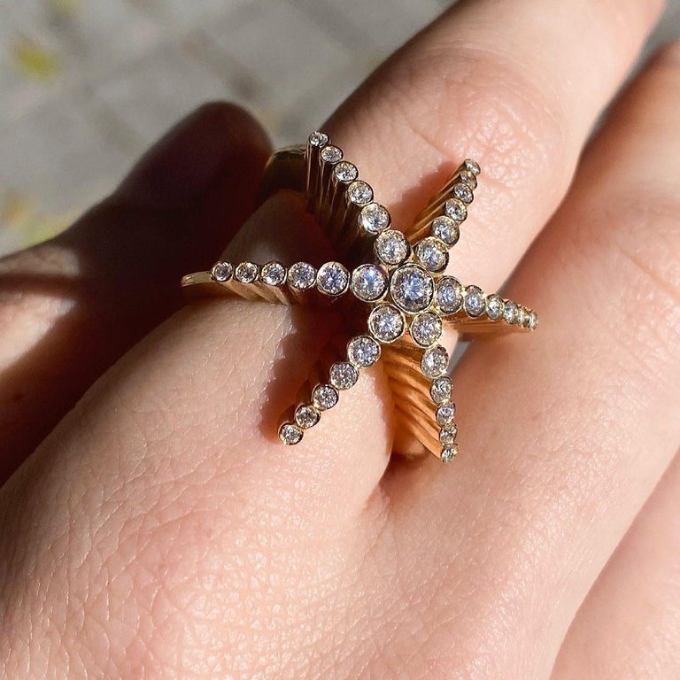 Contemporary, Sculptural 18K Yellow Gold and White Diamond Six Pointed ...