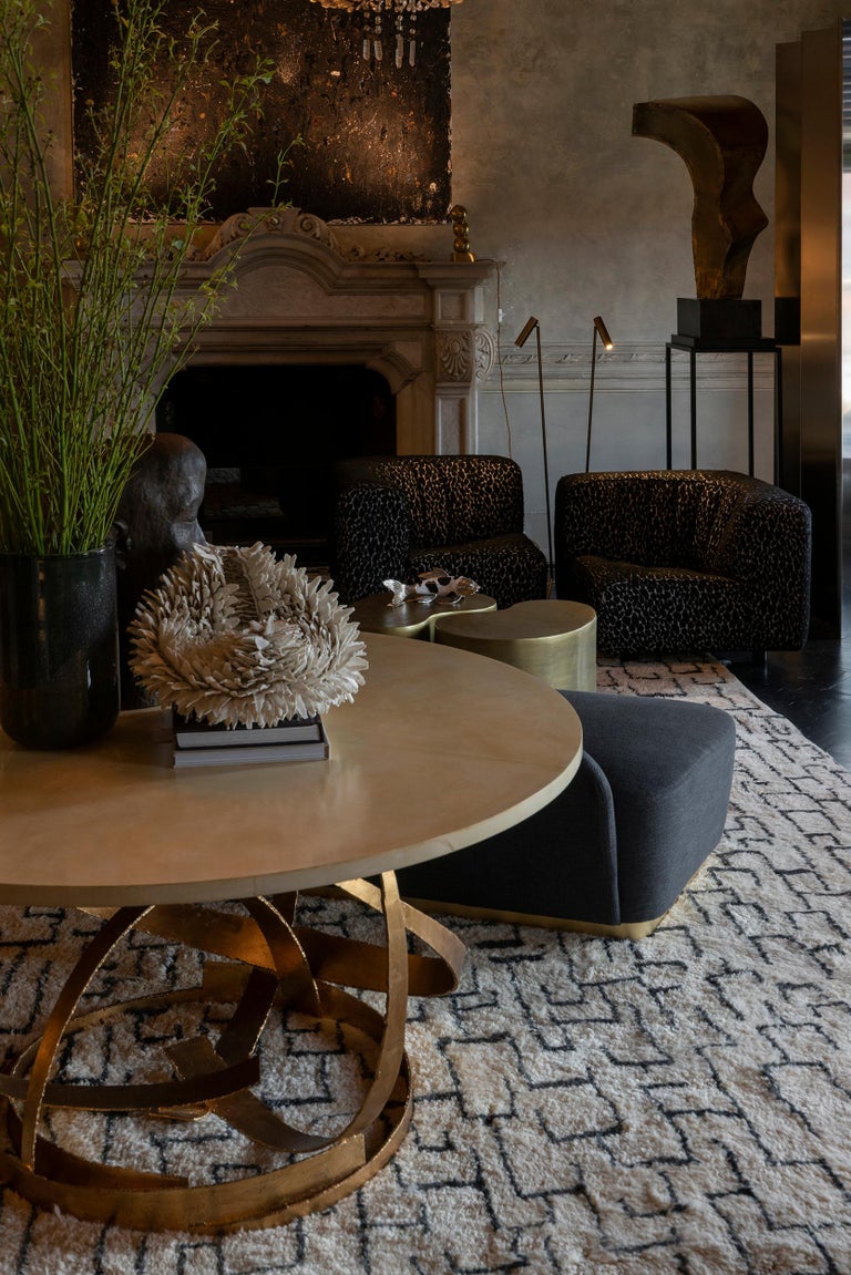 Contemporary Sculptural Round Center Table, Gold Metal Base, Parchment ...