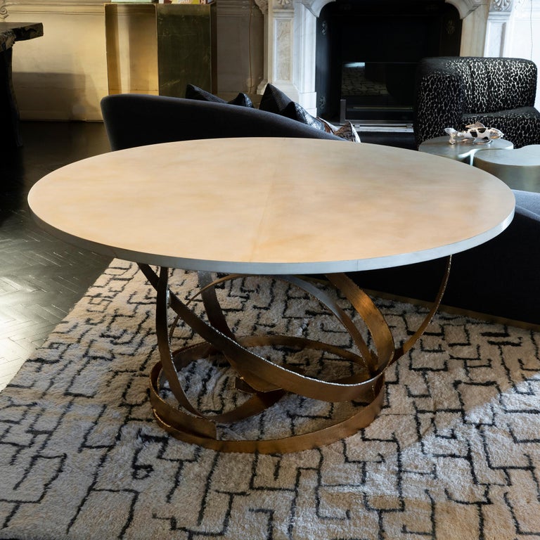Contemporary Sculptural Round Center Table, Gold Metal Base, Parchment ...