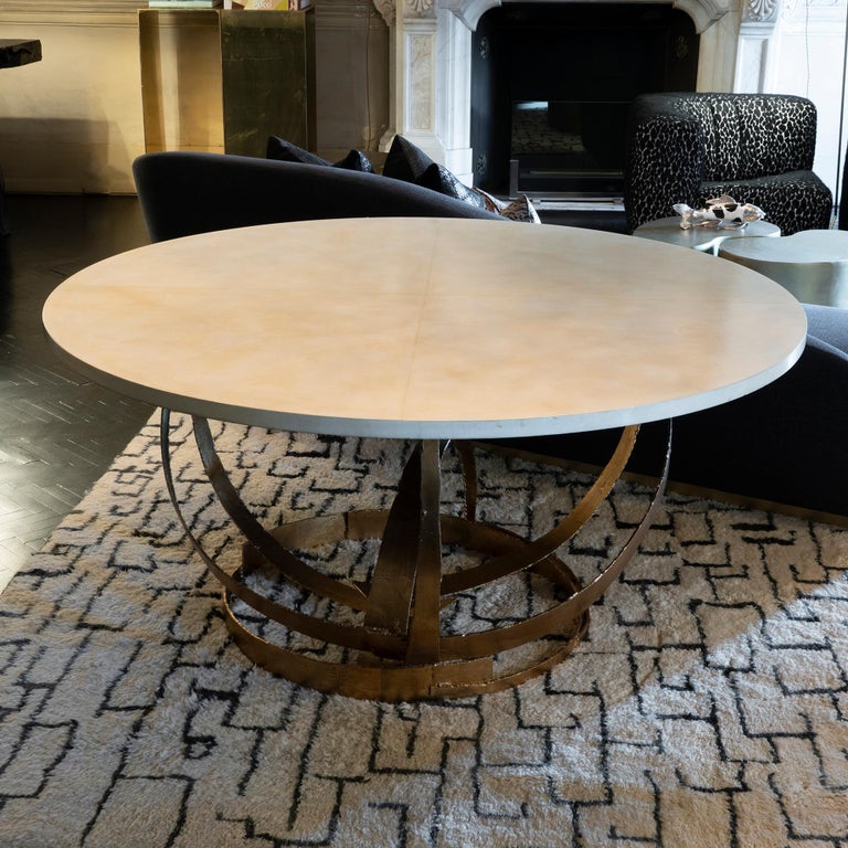 Contemporary Sculptural Round Center Table, Gold Metal Base, Parchment ...