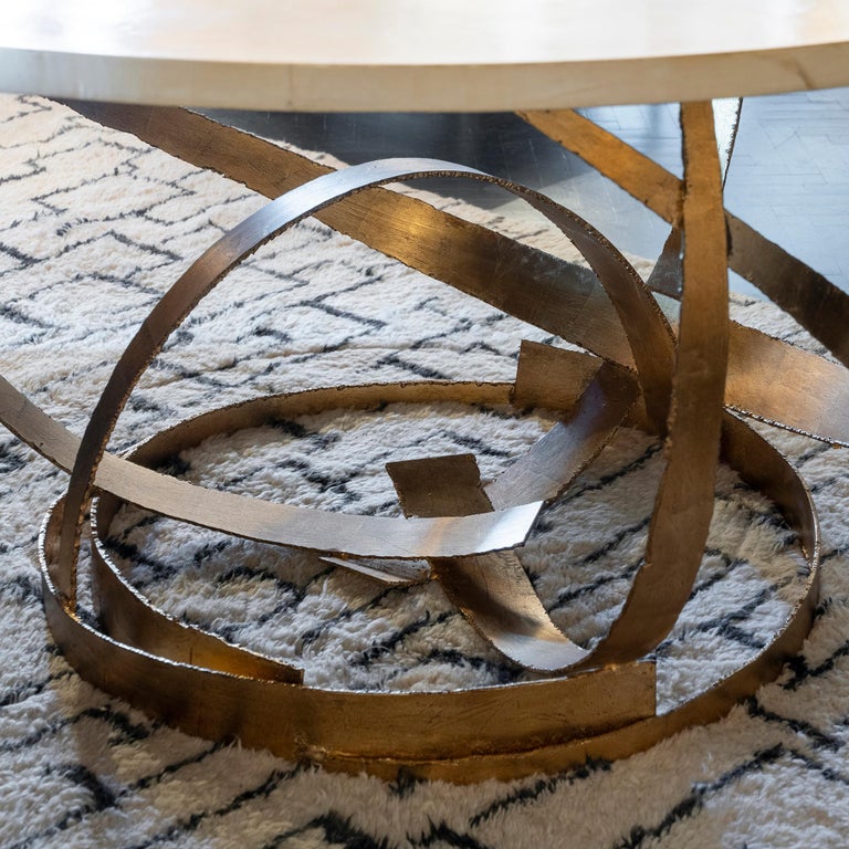 Contemporary Sculptural Round Center Table, Gold Metal Base, Parchment ...