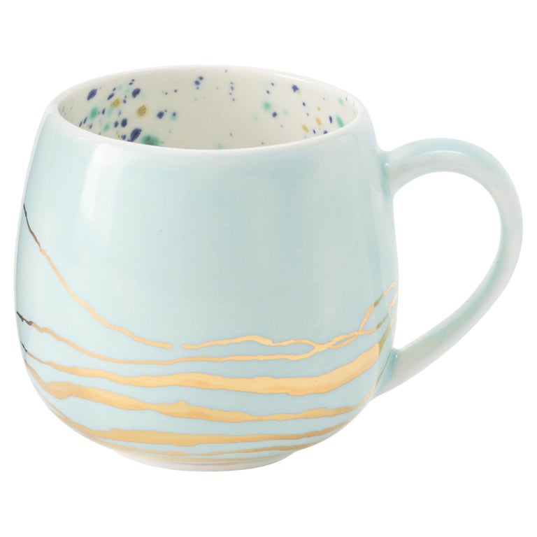 Contemporary Set of 2 Chubby Mugs Hand Painted Porcelain Blue Marble ...