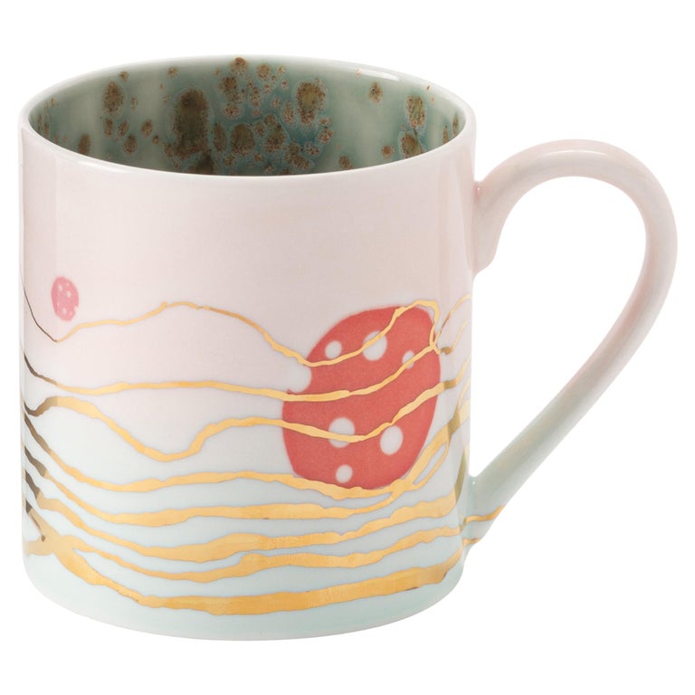 Contemporary Set of 2 Large Mugs Hand Painted Porcelain Green Gold For ...