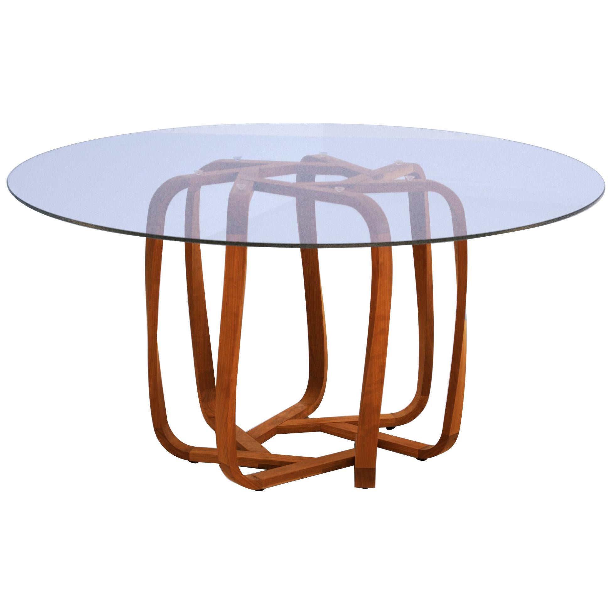 Contemporary Sette Circular Table with Solid Cherry Wood Base and Glass ...