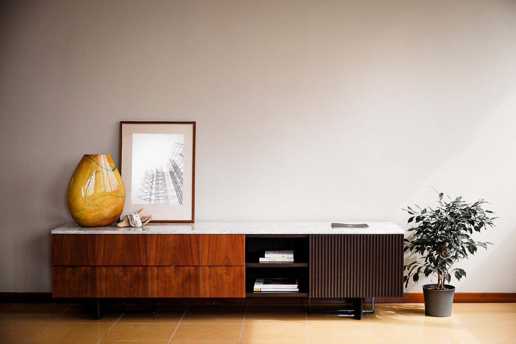 Fusion Sideboard Polished Lacquered and Leather Top For Sale at 1stDibs