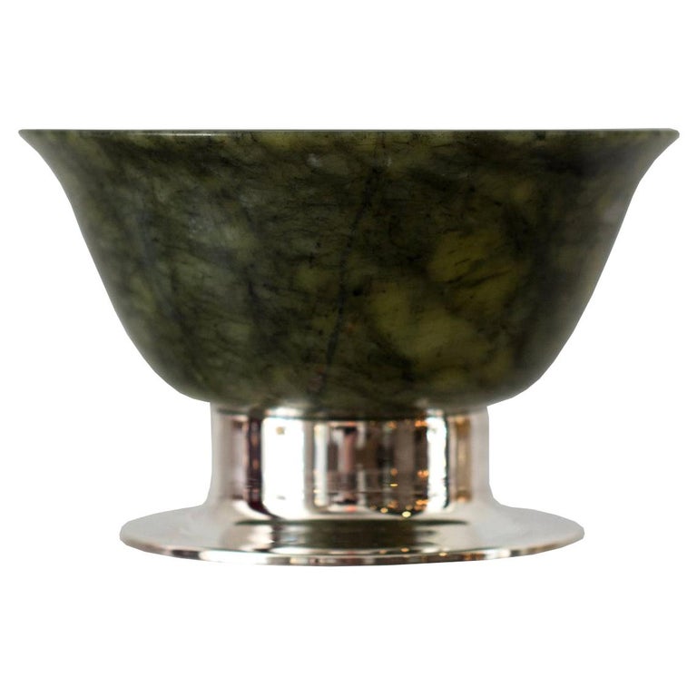 Contemporary Small Green Jade Bowl on Handmade Sterling Silver Base For ...