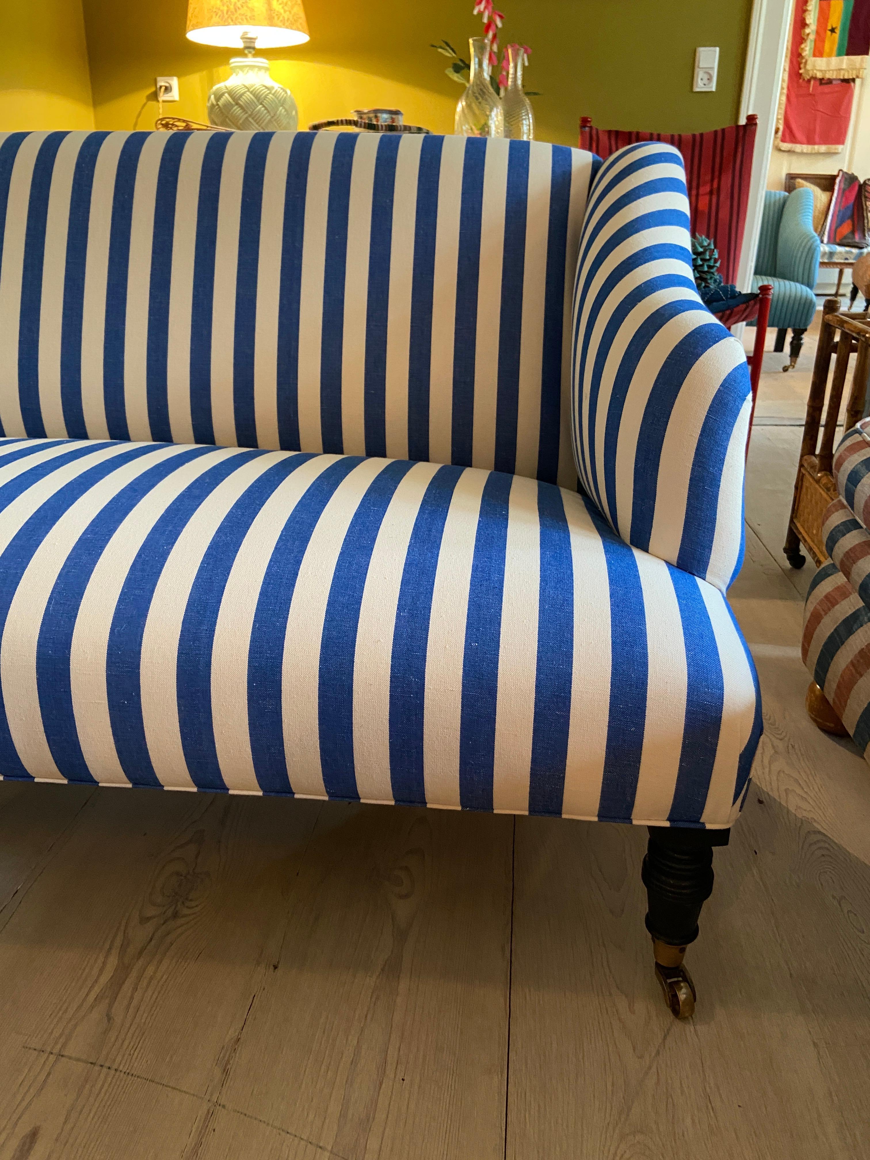 Contemporary Sofa in Customized Blue Striped Upholstery, Belgium, 2020s For Sale at 1stDibs