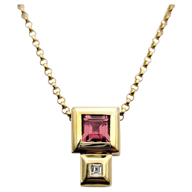 Contemporary Square Cut Pink Tourmaline and Diamond Yellow Gold Pendant ...