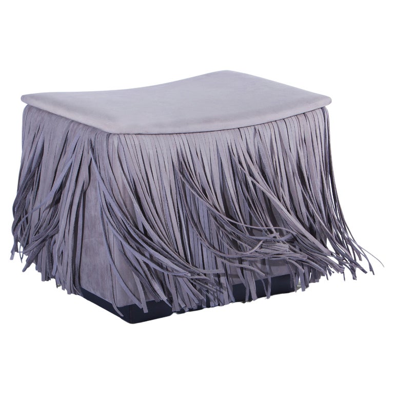 Contemporary Square Leather Ottoman with Fringe Detail For Sale at 1stDibs