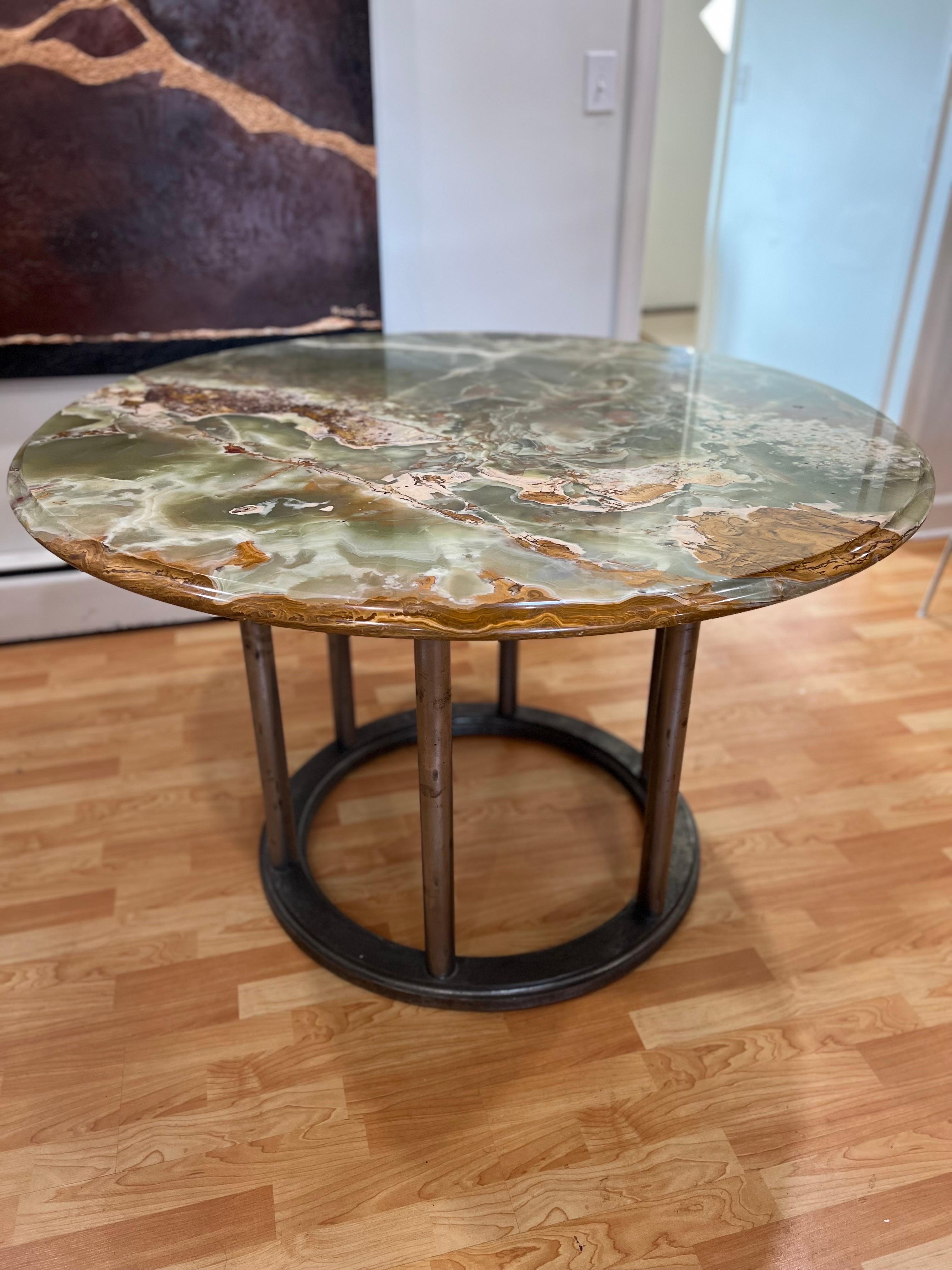 Contemporary Steel Base Green Onyx Dining Table, Round For Sale at 1stDibs