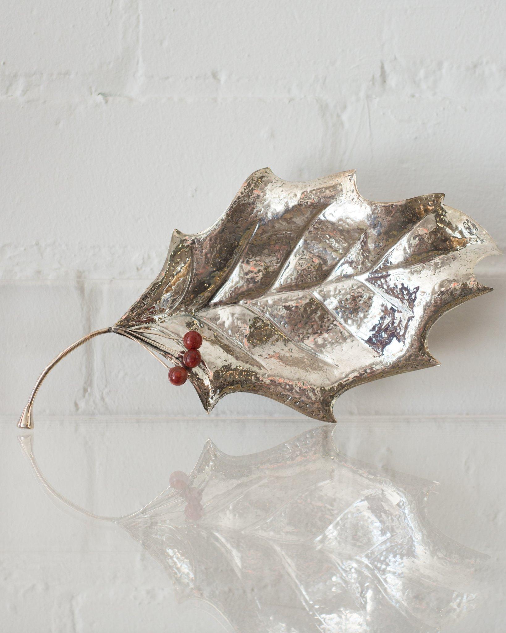 Contemporary Sterling Silver 925 Hand Chased Leaf Tray with Red Stone ...