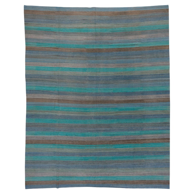 Contemporary Striped Flatweave Area Rug, Blue, Light Sea Green and ...