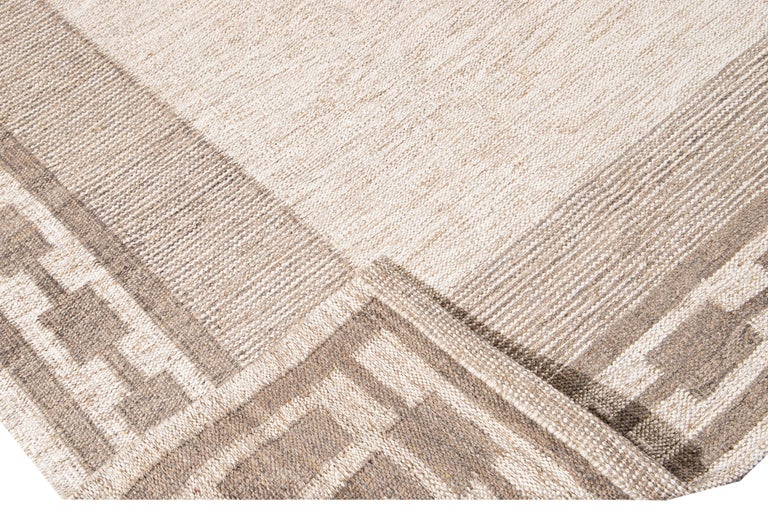 Contemporary Swedish Style Beige Handmade Room Size Designed Wool Rug ...