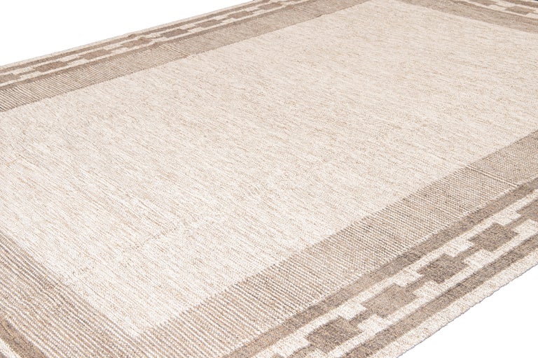 Contemporary Swedish Style Beige Handmade Room Size Designed Wool Rug ...