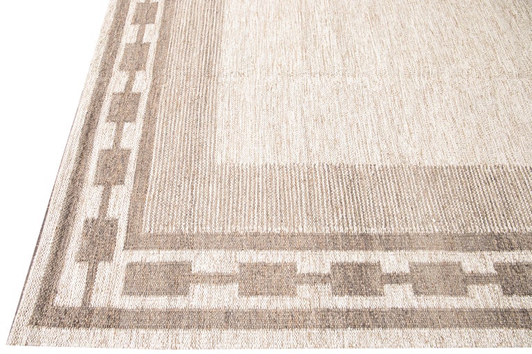 Contemporary Swedish Style Beige Handmade Room Size Designed Wool Rug ...