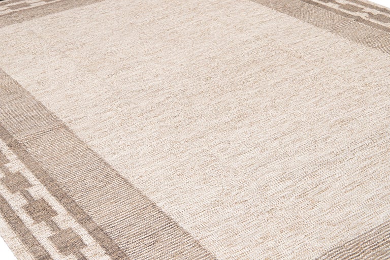 Contemporary Swedish Style Beige Handmade Room Size Designed Wool Rug ...